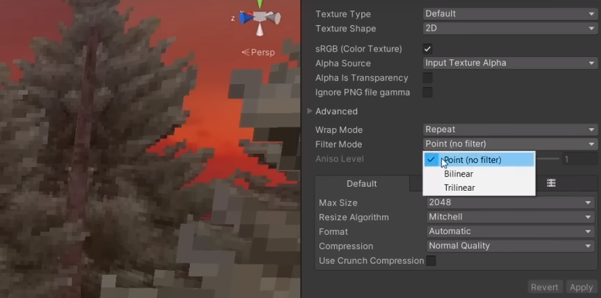 Unity image import settings for a retro look.